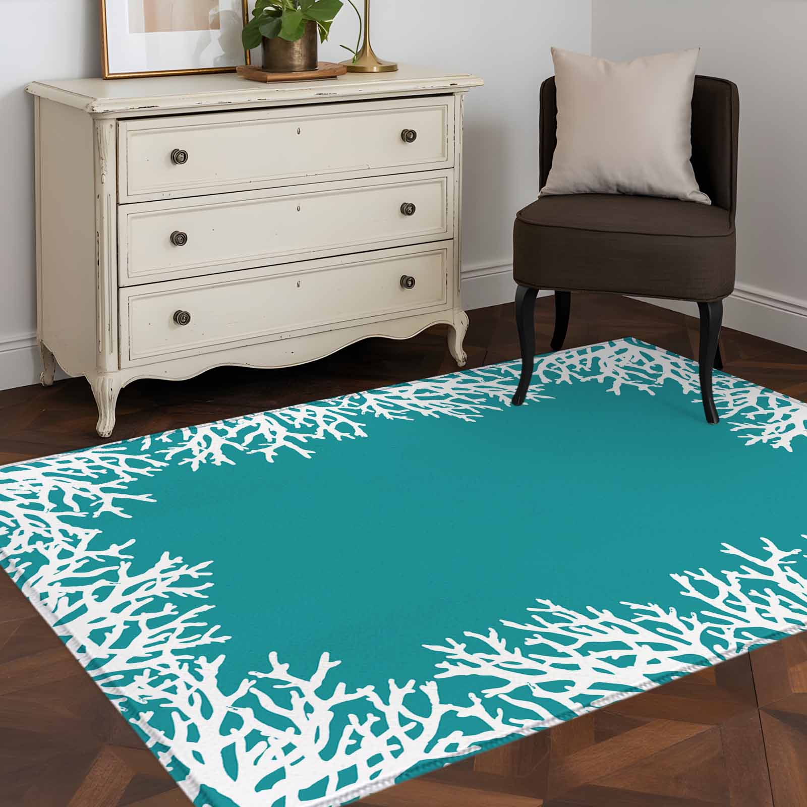 3'x5' Area Rugs, Aqua Coastal Coral Indoor Outdoor Area Rug for Living ...