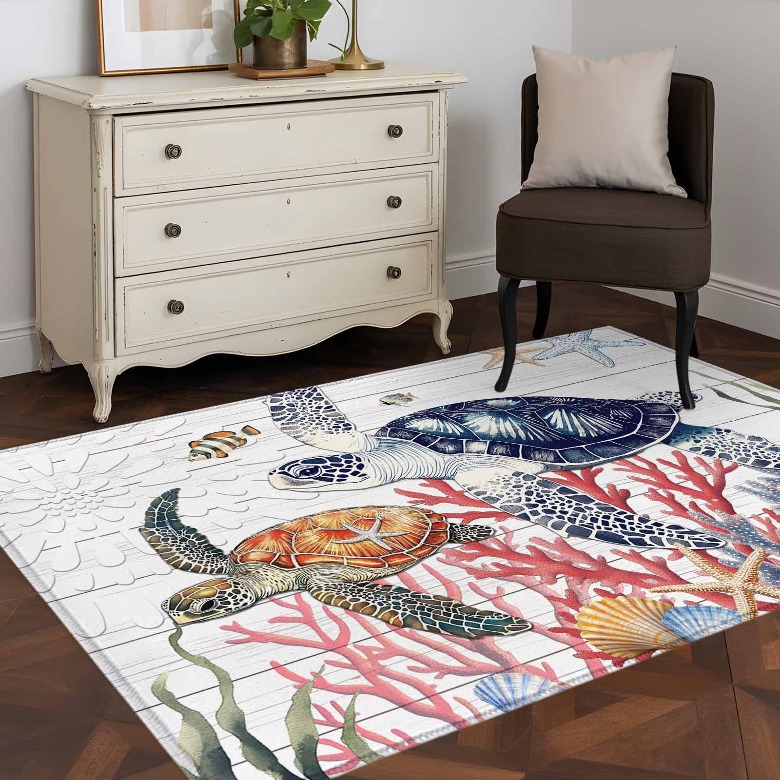 3'x5' Area Rugs, Blue Sea Turtle Coastal Indoor Outdoor Area Rug for ...