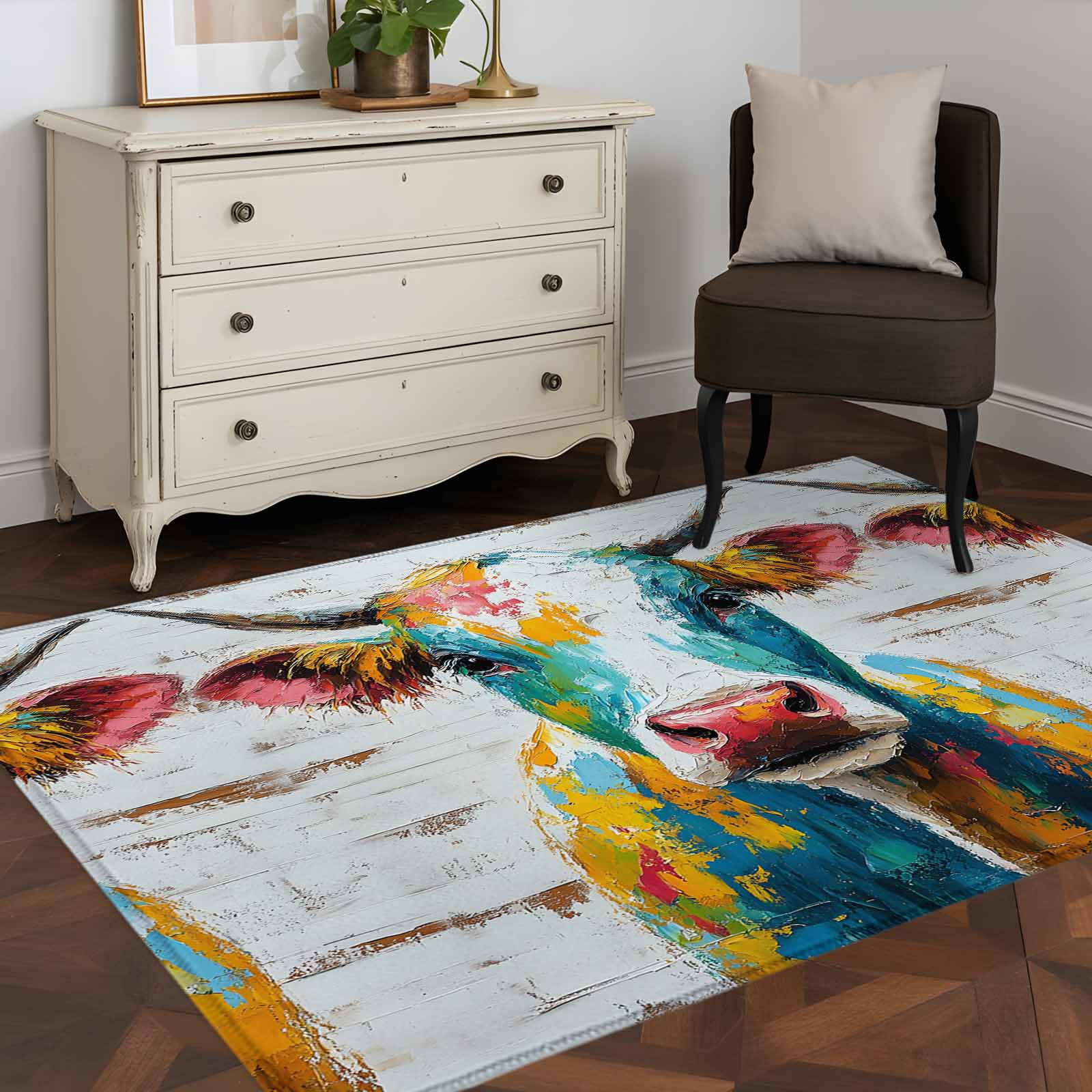 3'x5' Area Rugs, Oil Painting Cow Indoor Outdoor Area Rug for Living ...