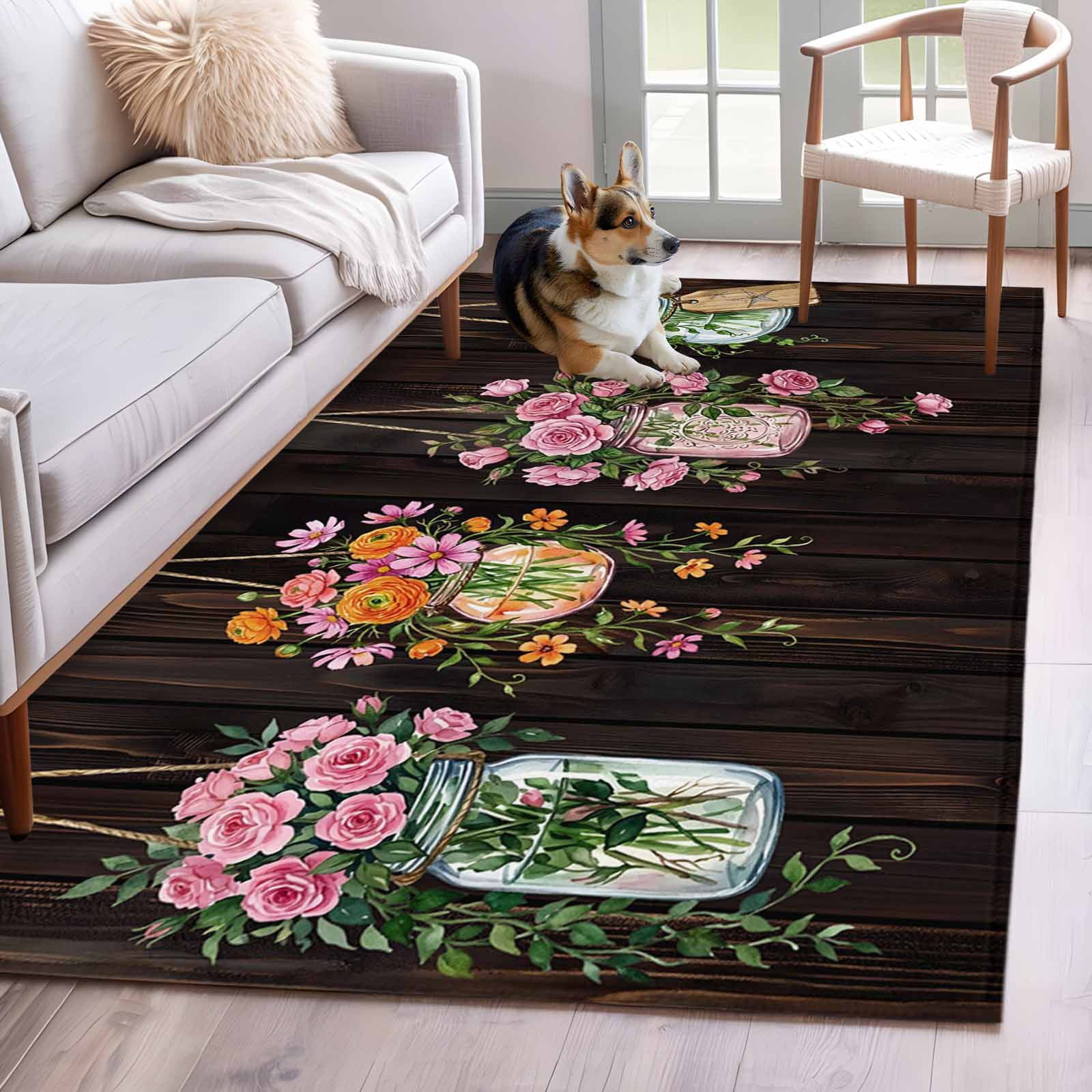 3'x5' Area Rugs, Pink Spring Floral Indoor Outdoor Area Rug for Living ...