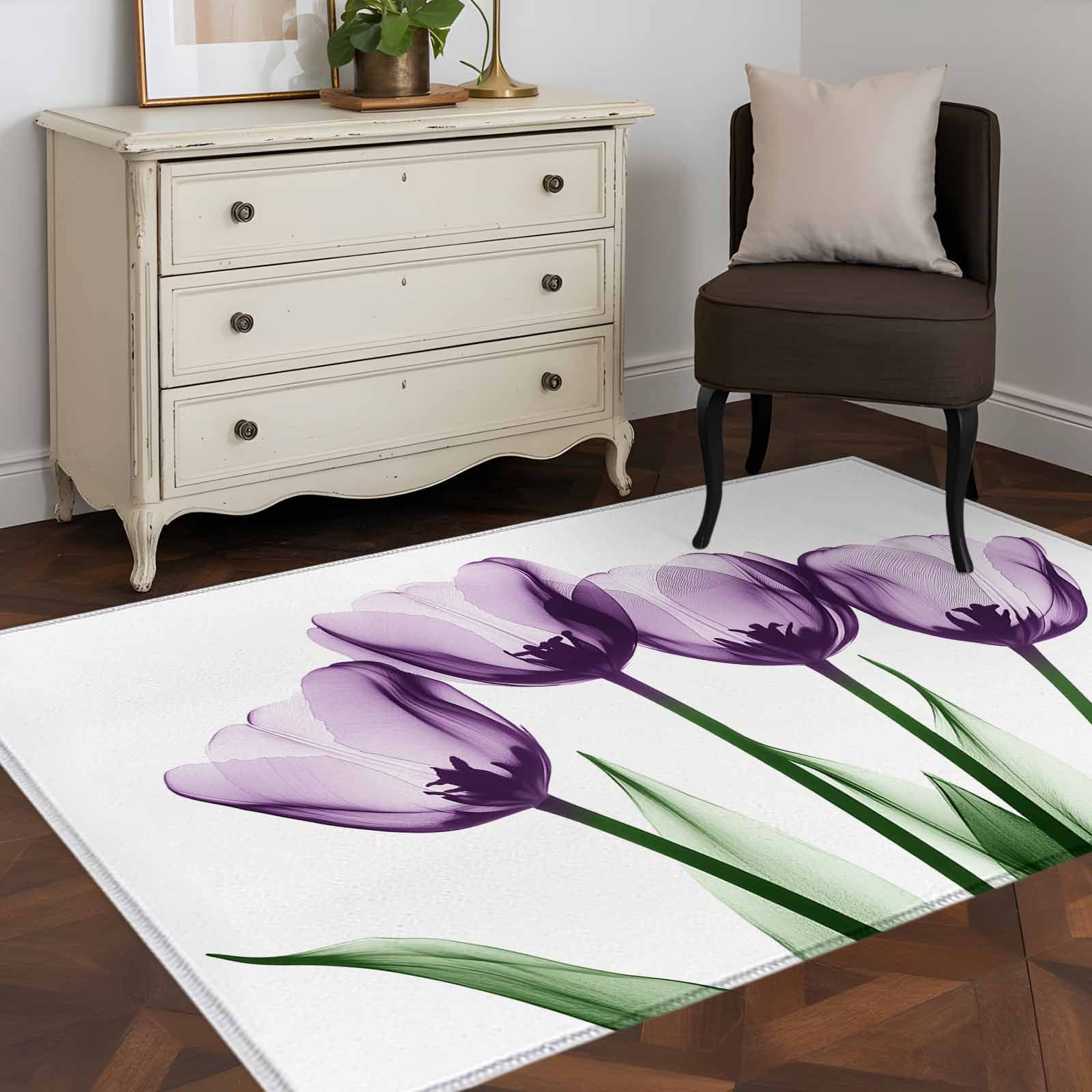 3'x5' Area Rugs, Purple Tulip Floral Indoor Outdoor Area Rug for Living ...