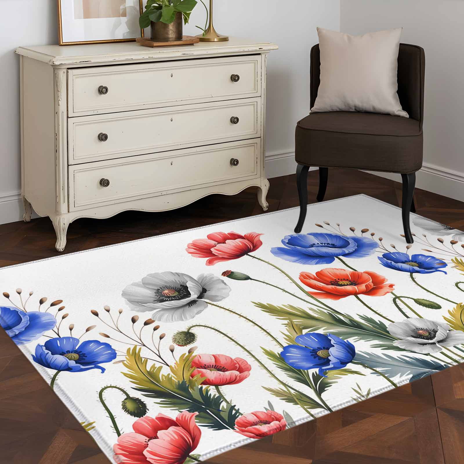 3'x5' Area Rugs, Red Blue Flowers Indoor Outdoor Area Rug for Living ...