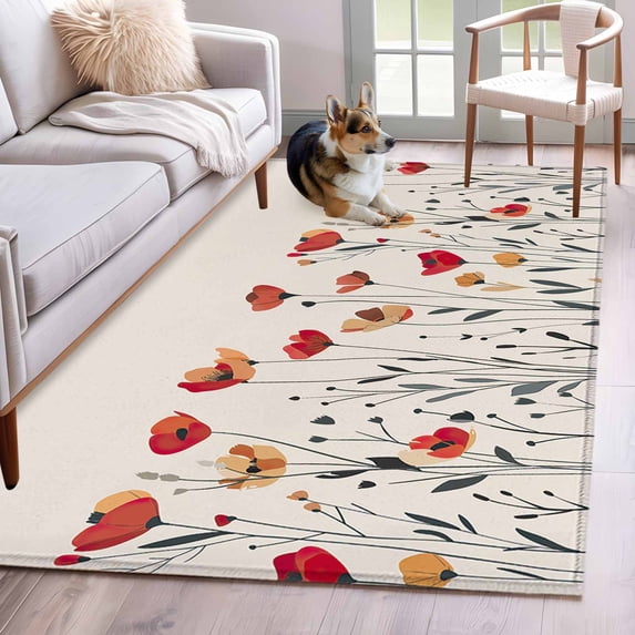 3'x5' Area Rugs, Red Yellow Spring Floral Indoor Outdoor Area Rug for ...