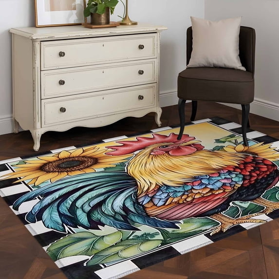 3'x5' Area Rugs, Retro Sunflower Rooster Indoor Outdoor Area Rug for ...