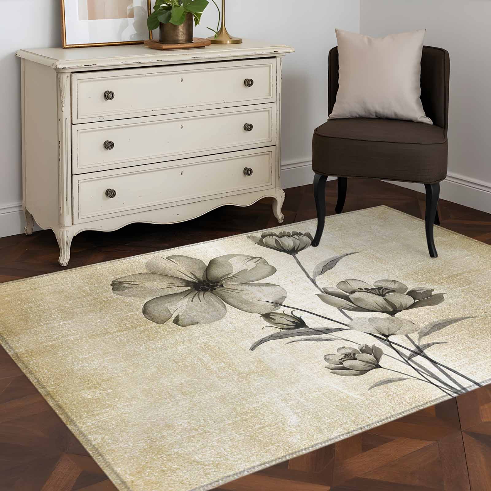 3'x5' Area Rugs, Yellow Beige Flower Indoor Outdoor Area Rug for Living ...