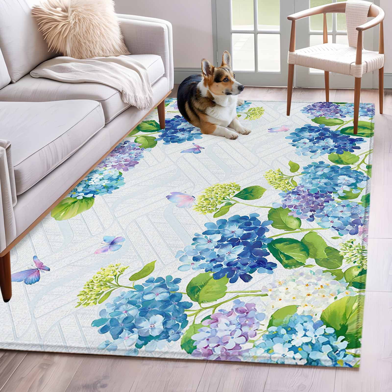 3'x5' Rug for Living Room Bedroom, Blue Hydrangea Floral Washable Area ...