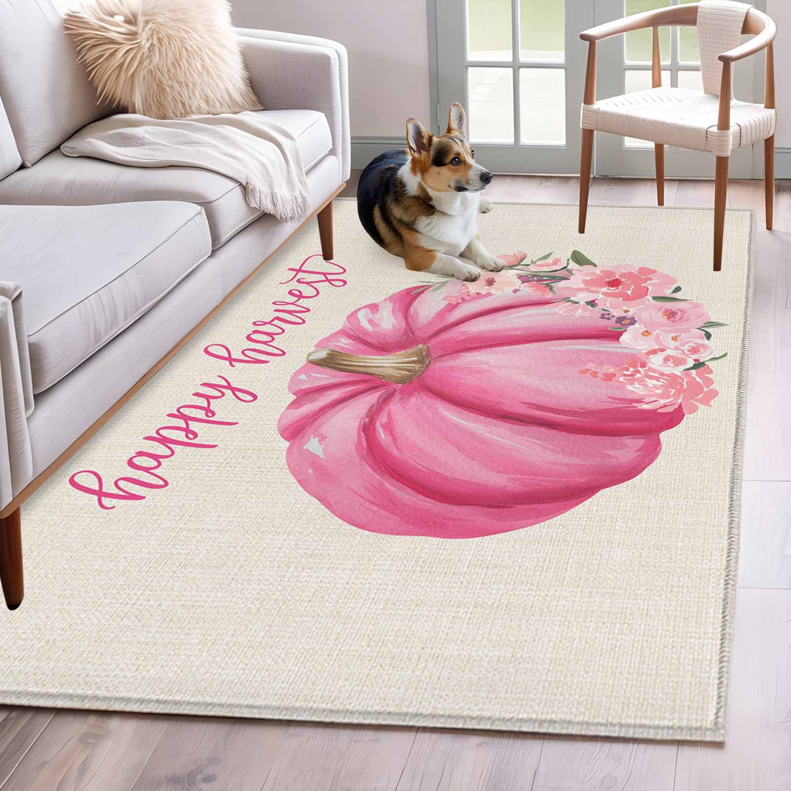 3'x5' Rug for Living Room Bedroom, Fall Pink Pumpkins Washable Area ...