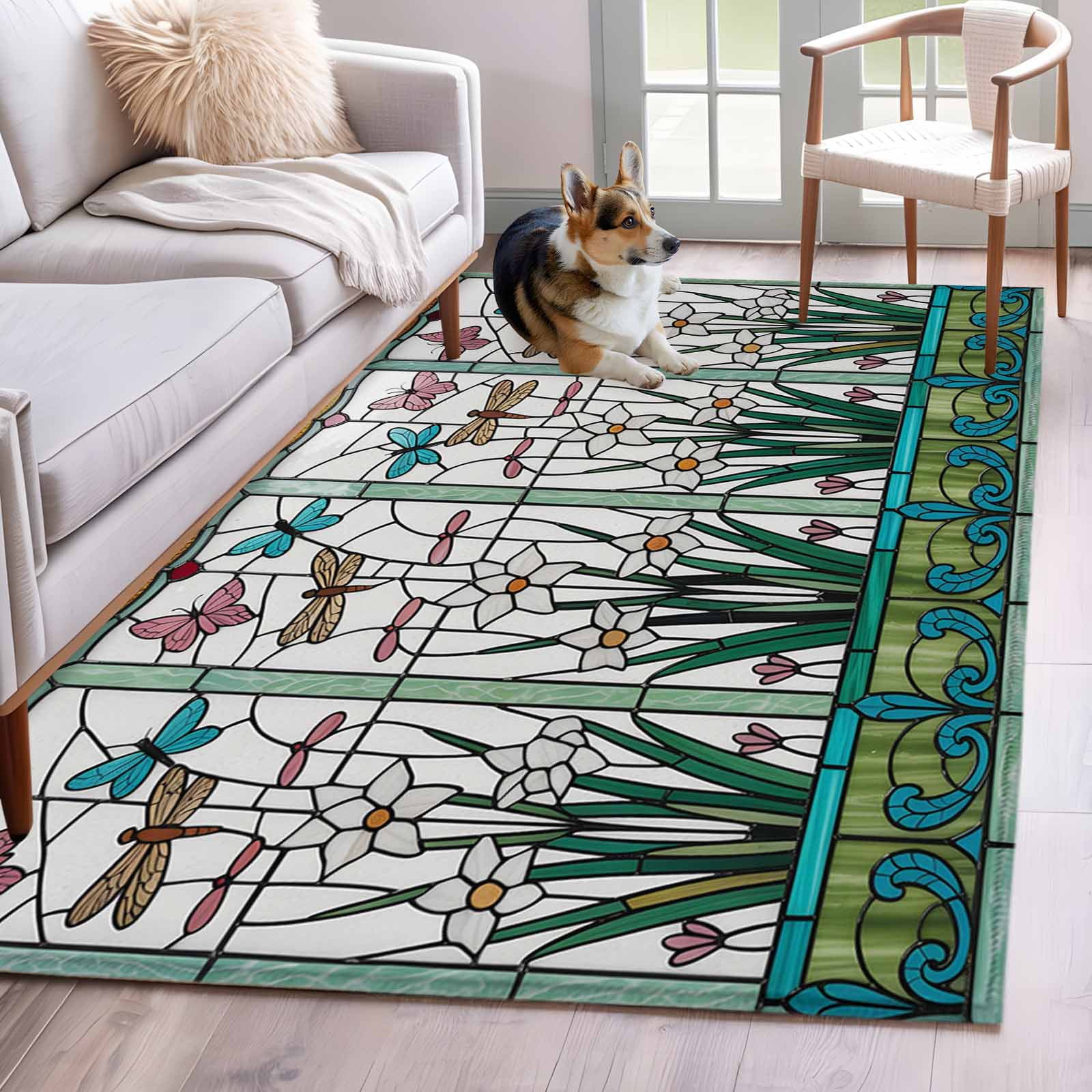 3'x5' Rug for Living Room Bedroom, Green Butterfly Flower Washable Area ...