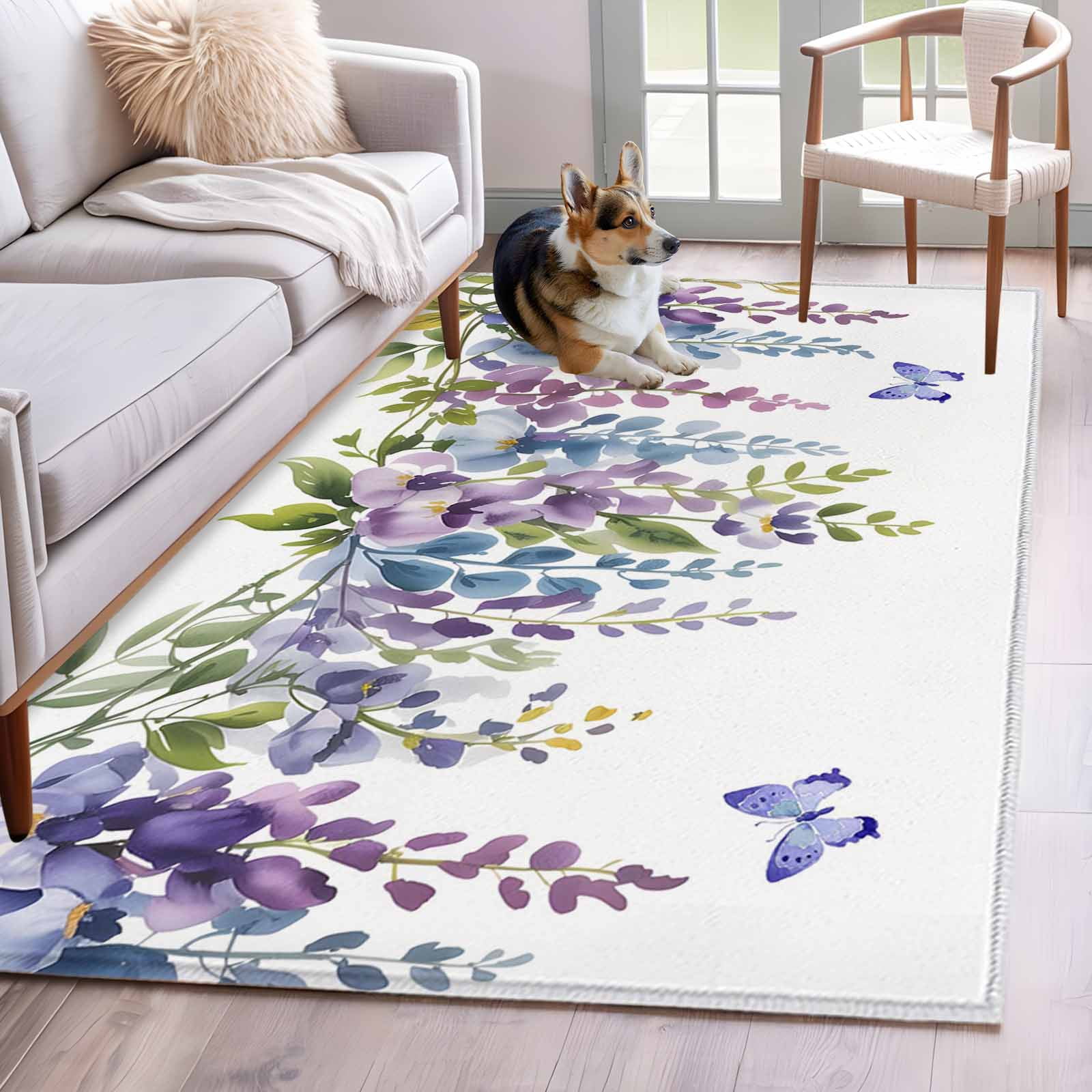 3'x5' Rug for Living Room Bedroom, Purple Spring Floral Washable Area ...