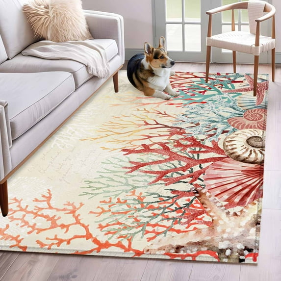 3'x5' Rug for Living Room Bedroom, Red Coral Coastal Washable Area Rugs ...