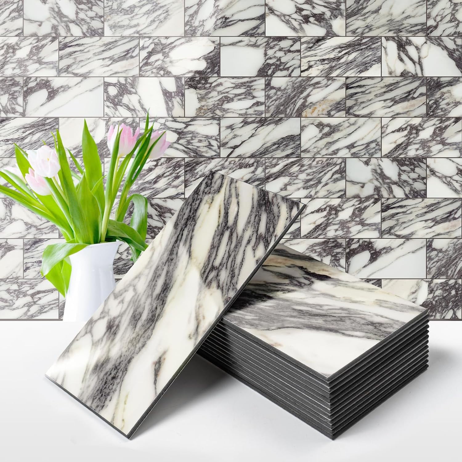 3''x6'' PVC Subway Tile with Dark Grey Grout, 100-Piece Glossy Marble ...