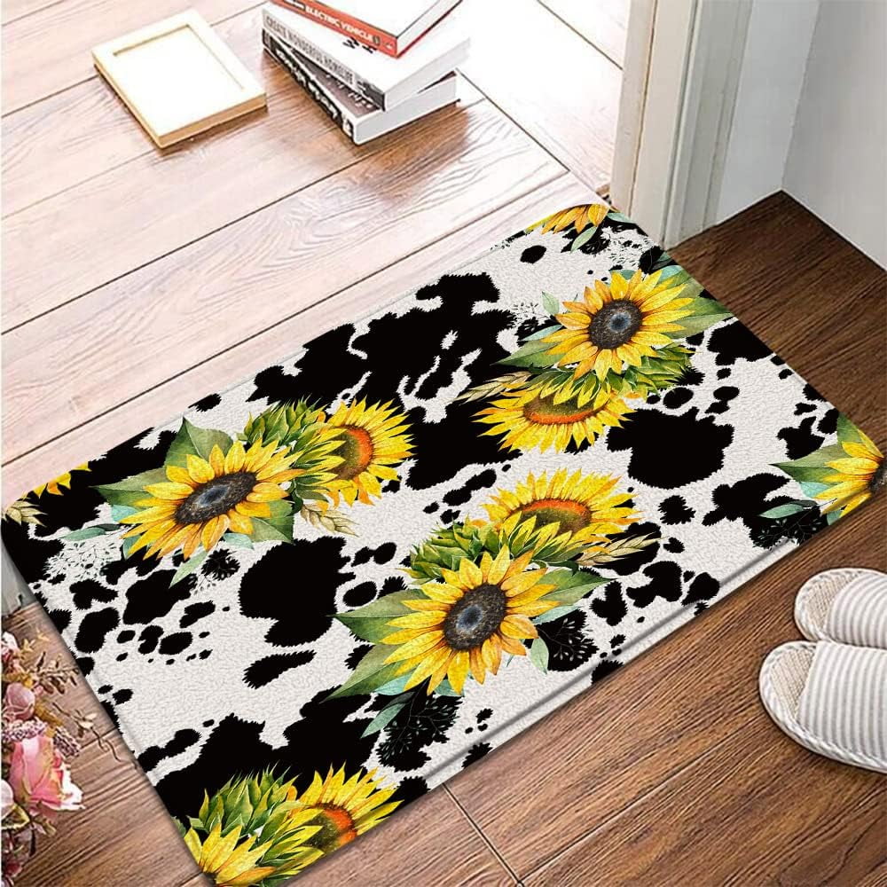 30*17inches Rustic Sunflower Cow Bath Mat Black White Cowhide Milk Cow ...