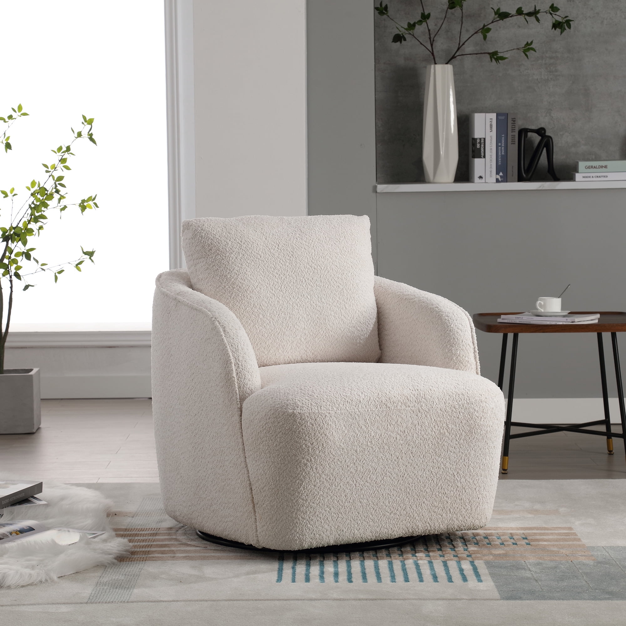 30.3"W Boucle Upholstered Swivel Accent Barrel Chair and Comfy Round ...