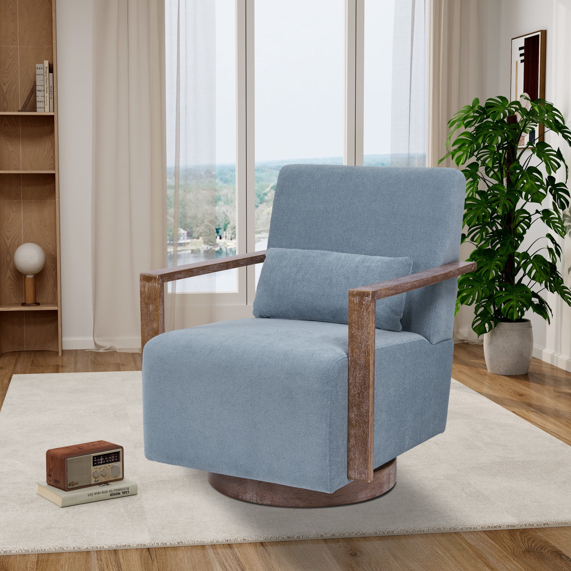 30.3"W Swivel Modern Upholstered Accent Chair with Solid Wood Armrests ...