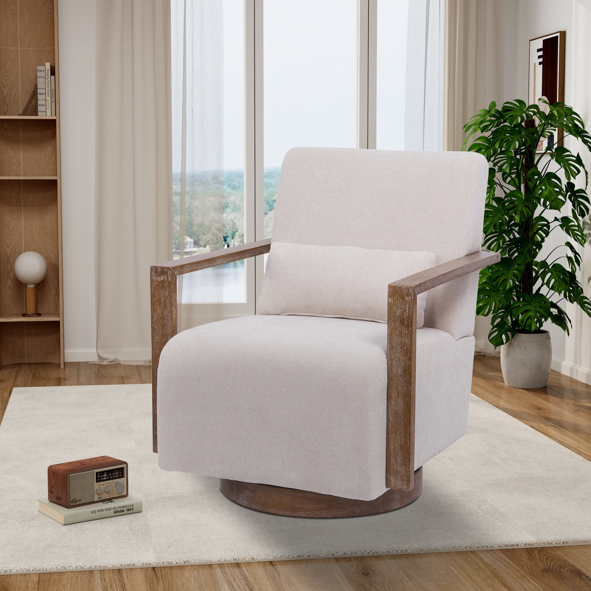 30.3"W Swivel Modern Upholstered Accent Chair with Solid Wood Armrests ...