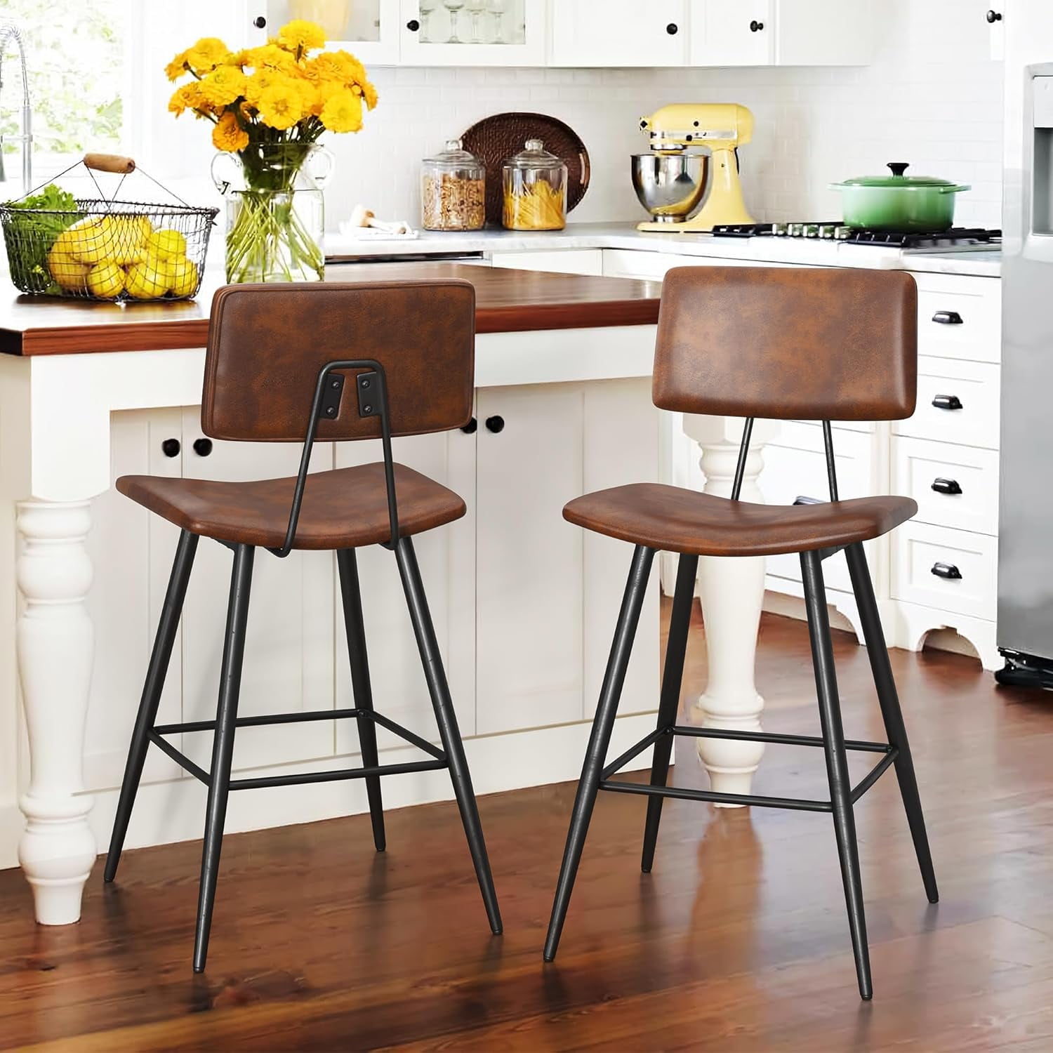 30" Bar Height Bar Stools Red Brown Faux Leather Upholstered Barstools ...