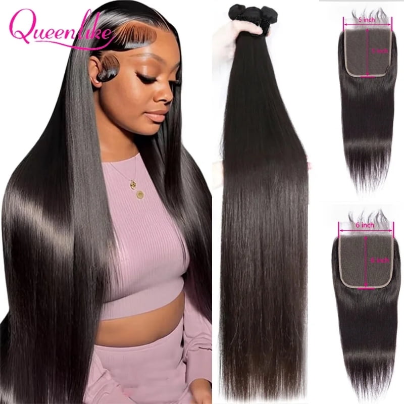 30 40inch Straight Human Hair Bundles with 5x5/6x6 Closure Brazilian ...