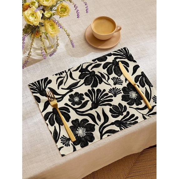 30*45 4pc Hand-Painted Black Floral Linen Table Runner For Dining ...
