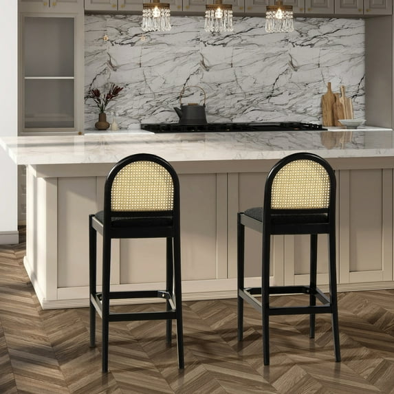 30.5" Curved Back Black Boucle Bar Stools | Natural Cane and Oak ...