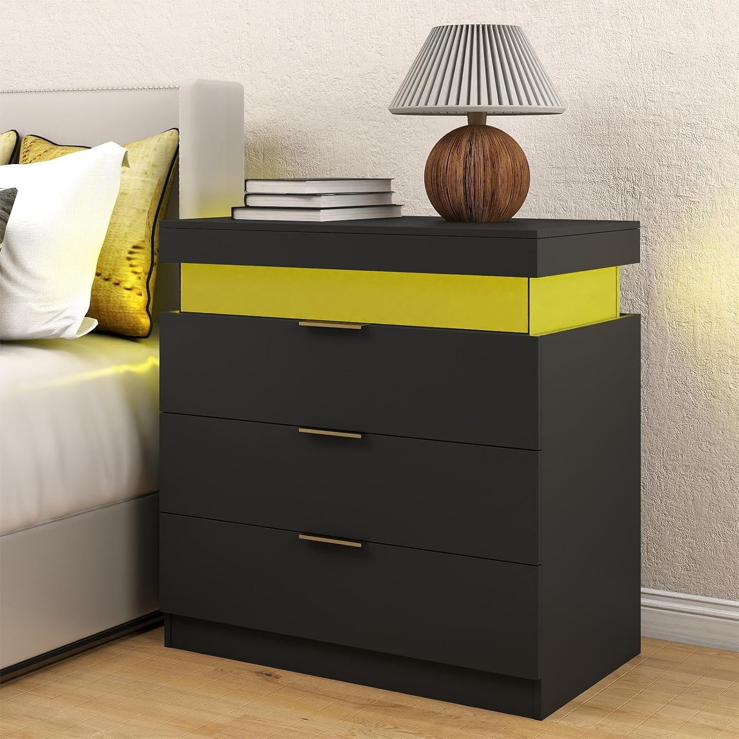 30.5''H Tall Black Nightstand with Charging Station and LED Light,Large ...