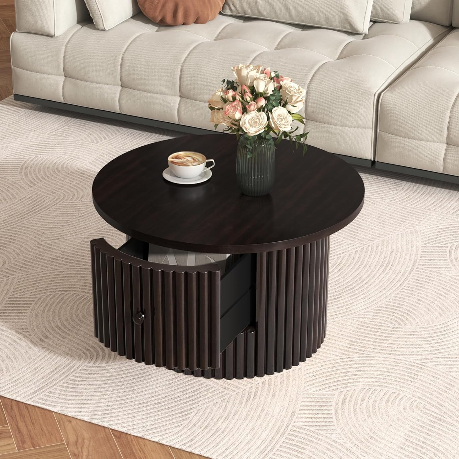 30.5" Modern Round Coffee Table with Storage Hidden Drawer, Natural ...