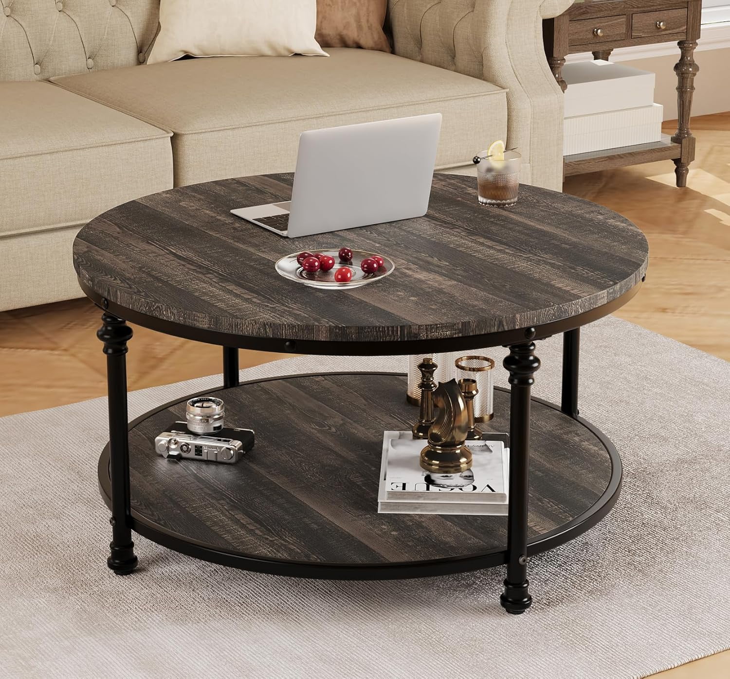 30.5" Round Rustic Coffee Table with Storage Shelf, Walnut Wood Grain ...