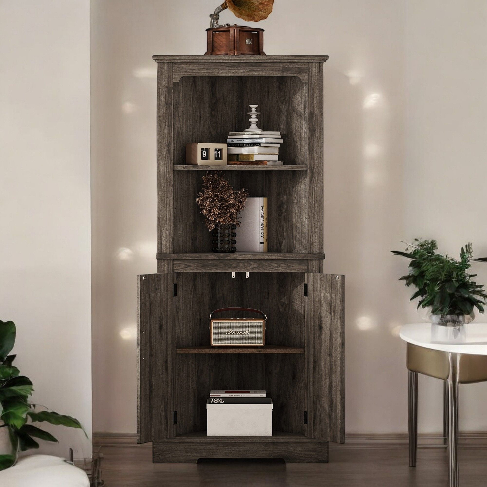 30.60 Inch Corner Storage Cabinet with Open Shelves and Dual Door ...