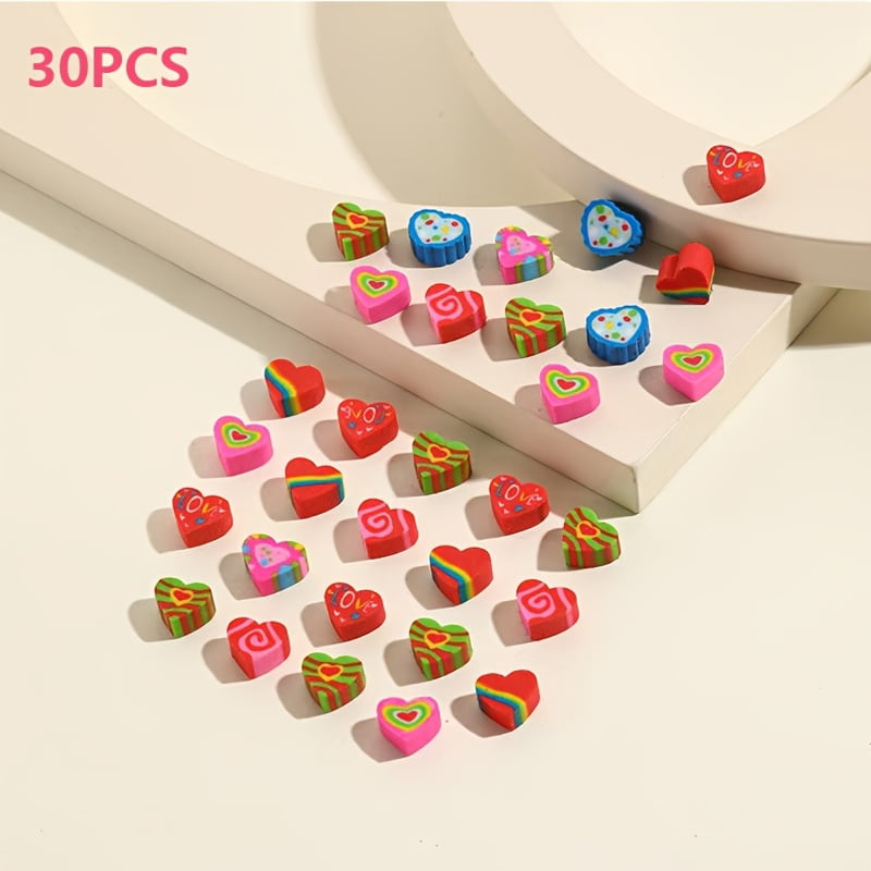 30/60pcs Mini Heart-Shaped Erasers, Assorted Designs, Non-Toxic Rubber ...
