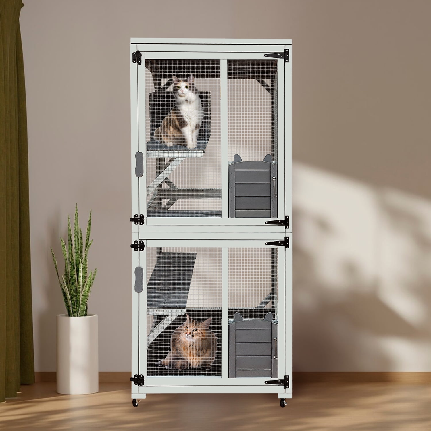 30.7" Wooden Catio Outdoor Cat Enclosure, Luxury Cat House on Wheels ...