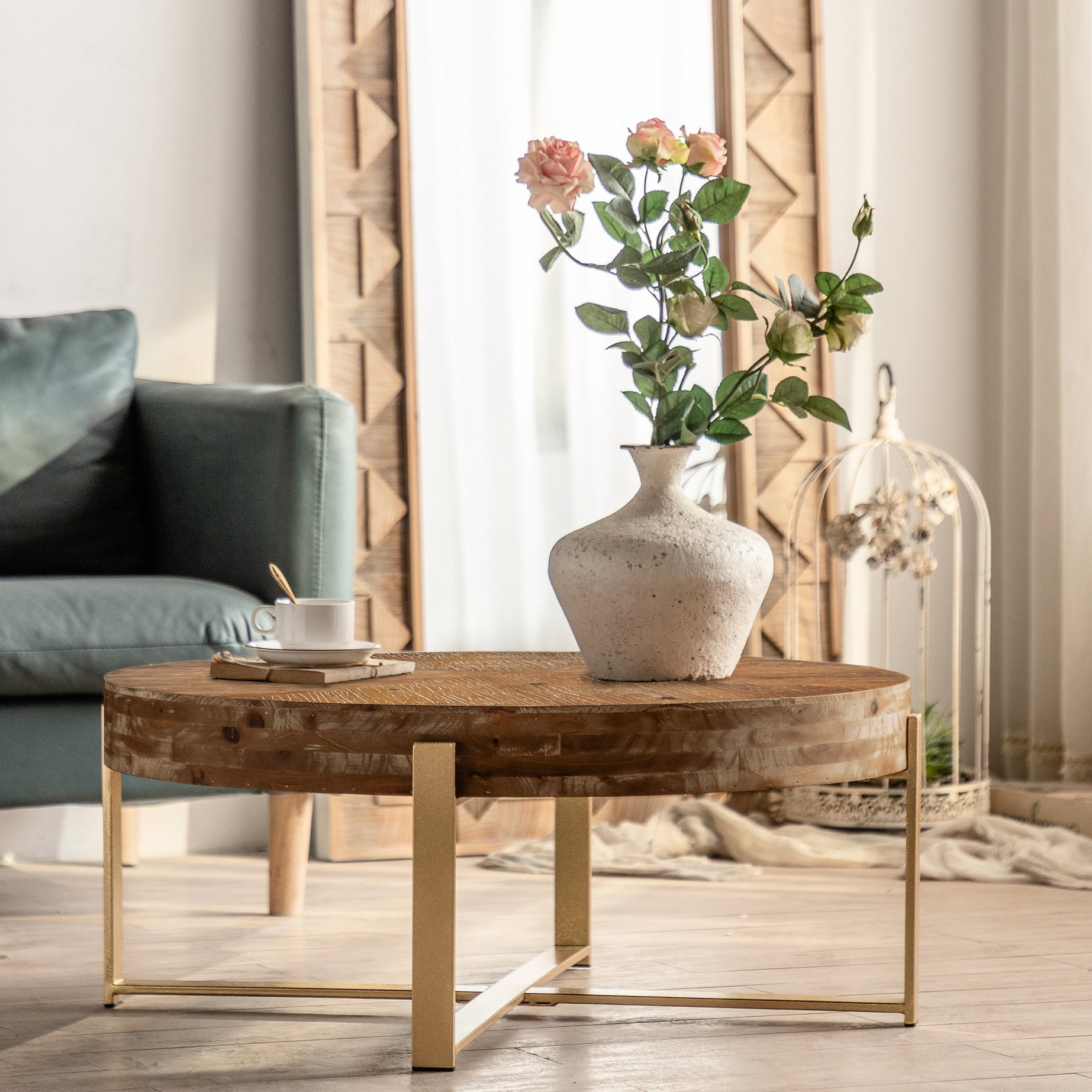 30.72" Modern Retro Splicing Round Coffee Table With Fir Wood Top And ...