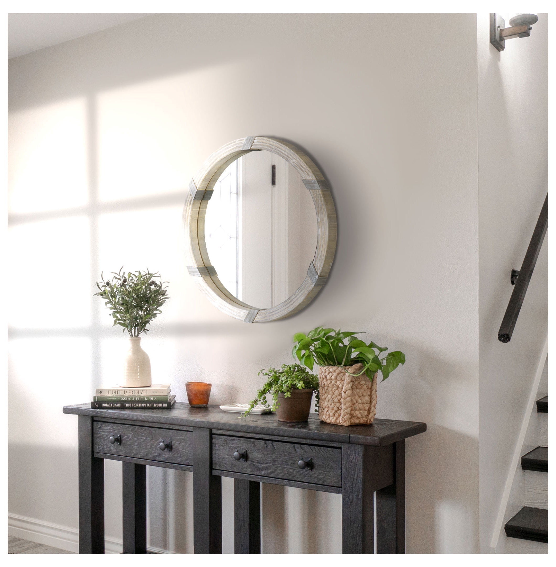 30.75" Wood Wall Mirror, Farmhouse Round Mirror for Decor, Natural Wood ...
