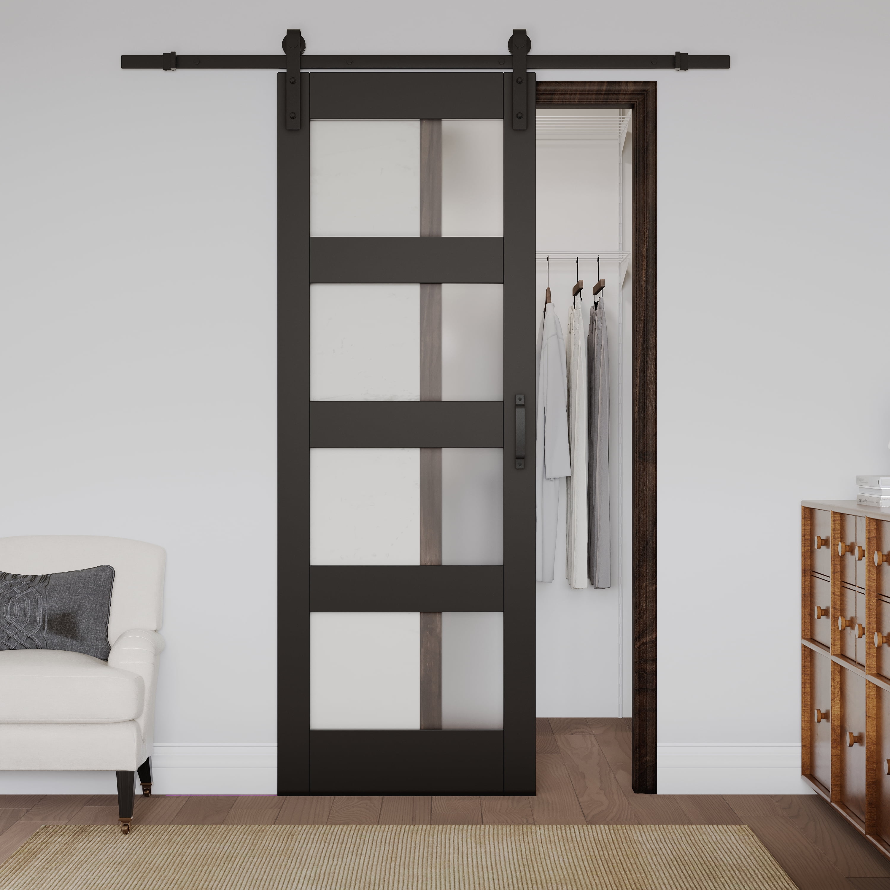 30"×84" Glass and Manufactured Wood Black Sliding Barn Door with ...