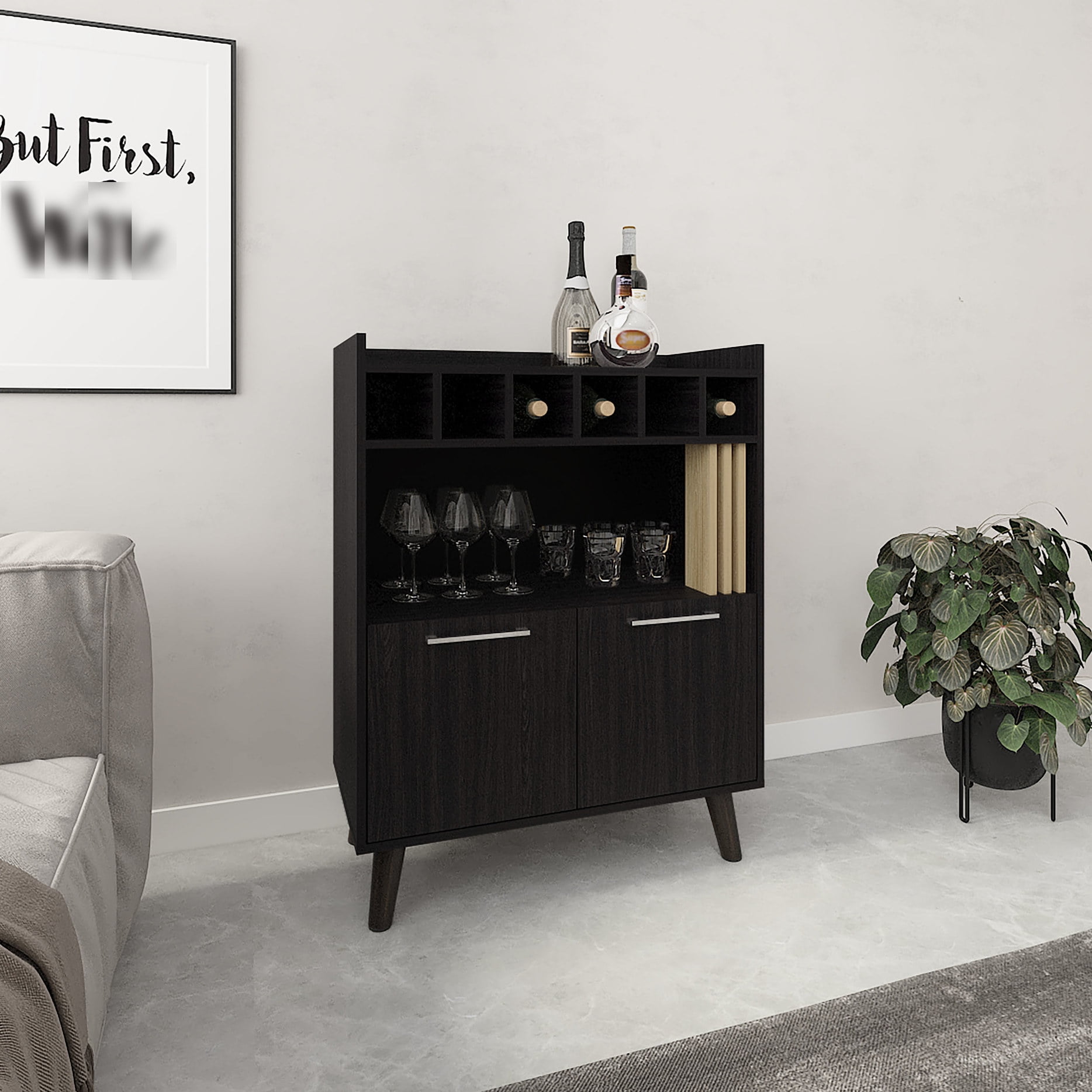 30.9-inch Wide Bar Cabinet with Six Bottle Cubbies - Displays Wine ...
