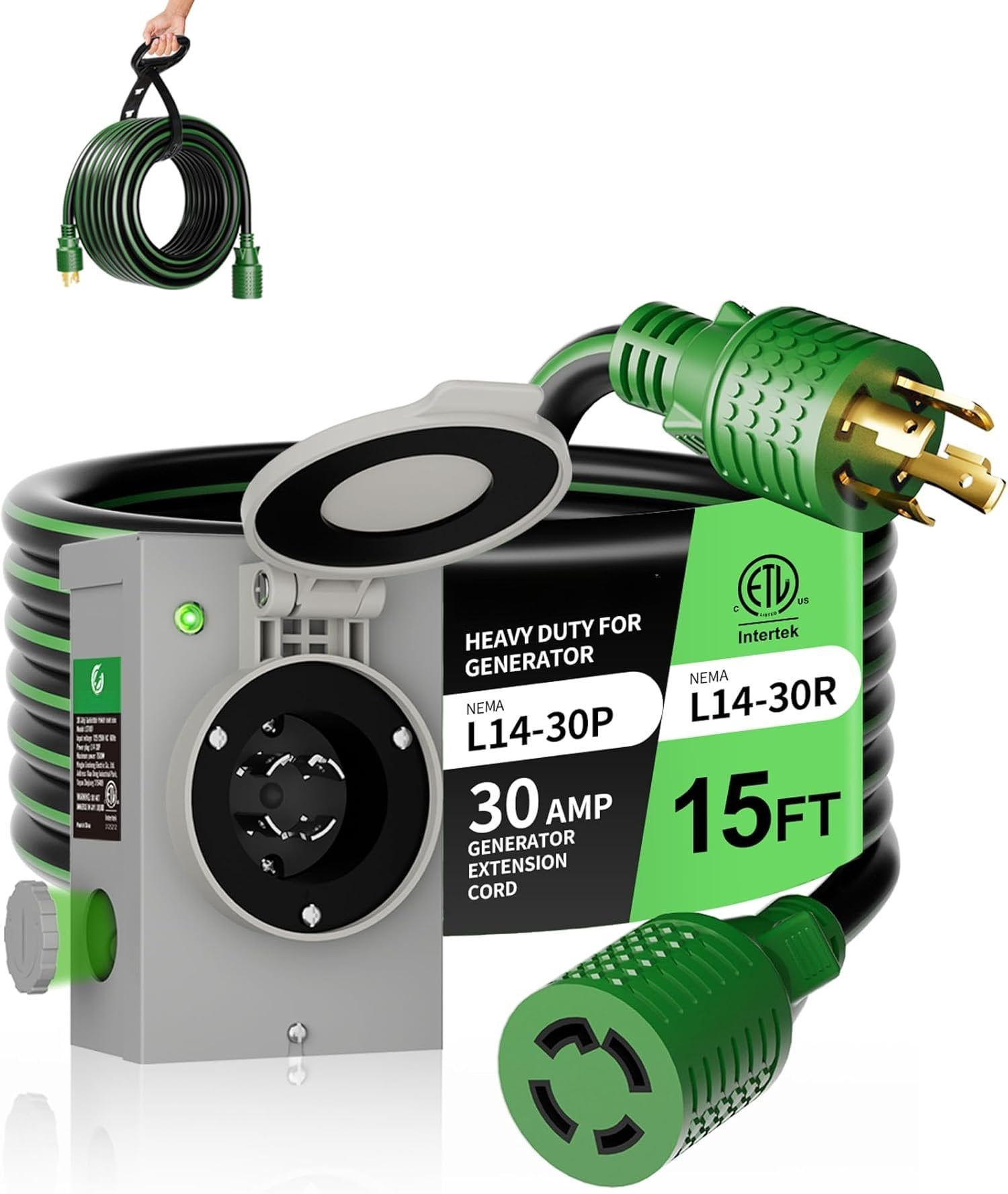 30 Amp 15FT Generator Cord and Power Inlet Box Kit, NEMA L14-30P to L14 ...