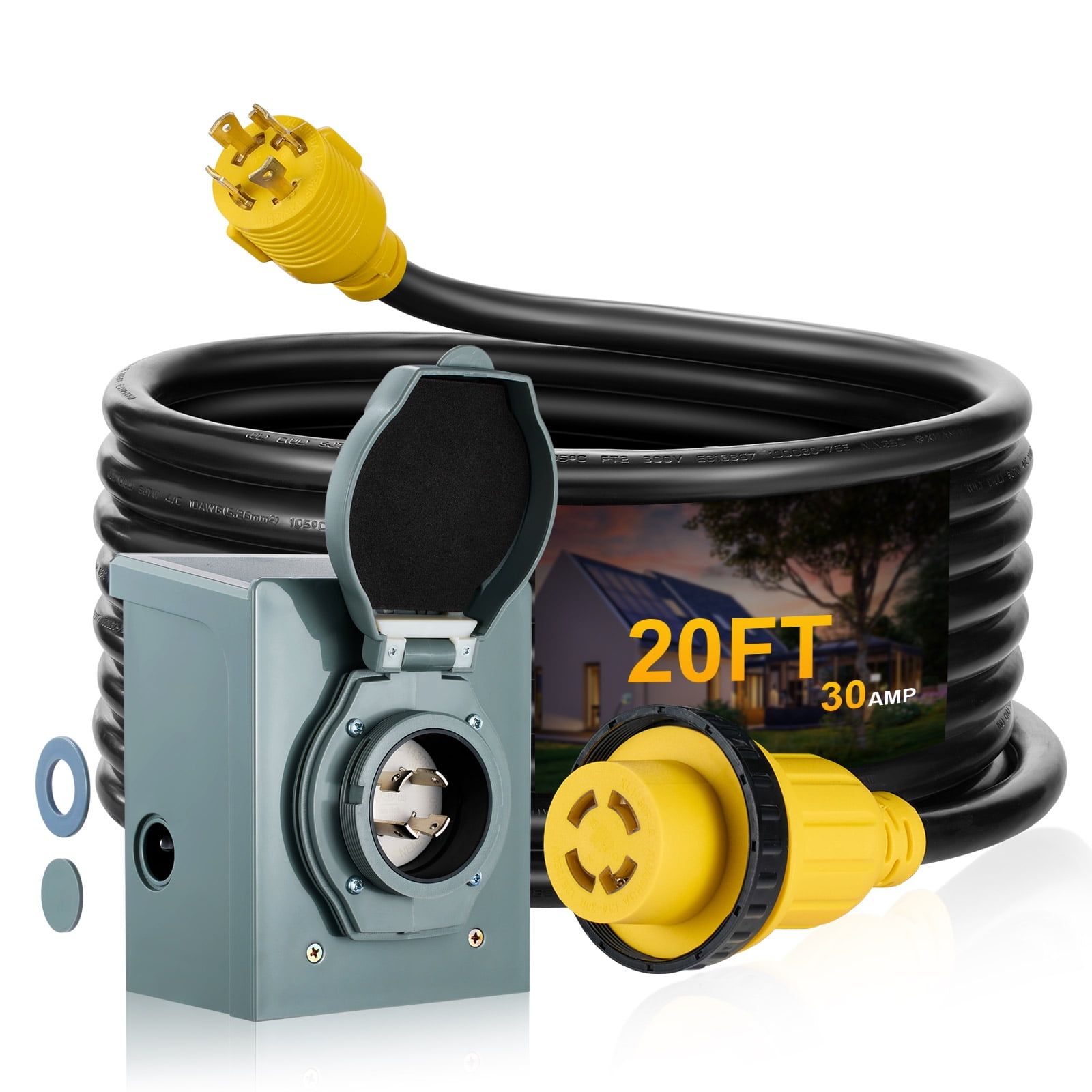 30 Amp Generator Cord with Inlet Box, 20FT RV Extension Cord NEMAL14 ...