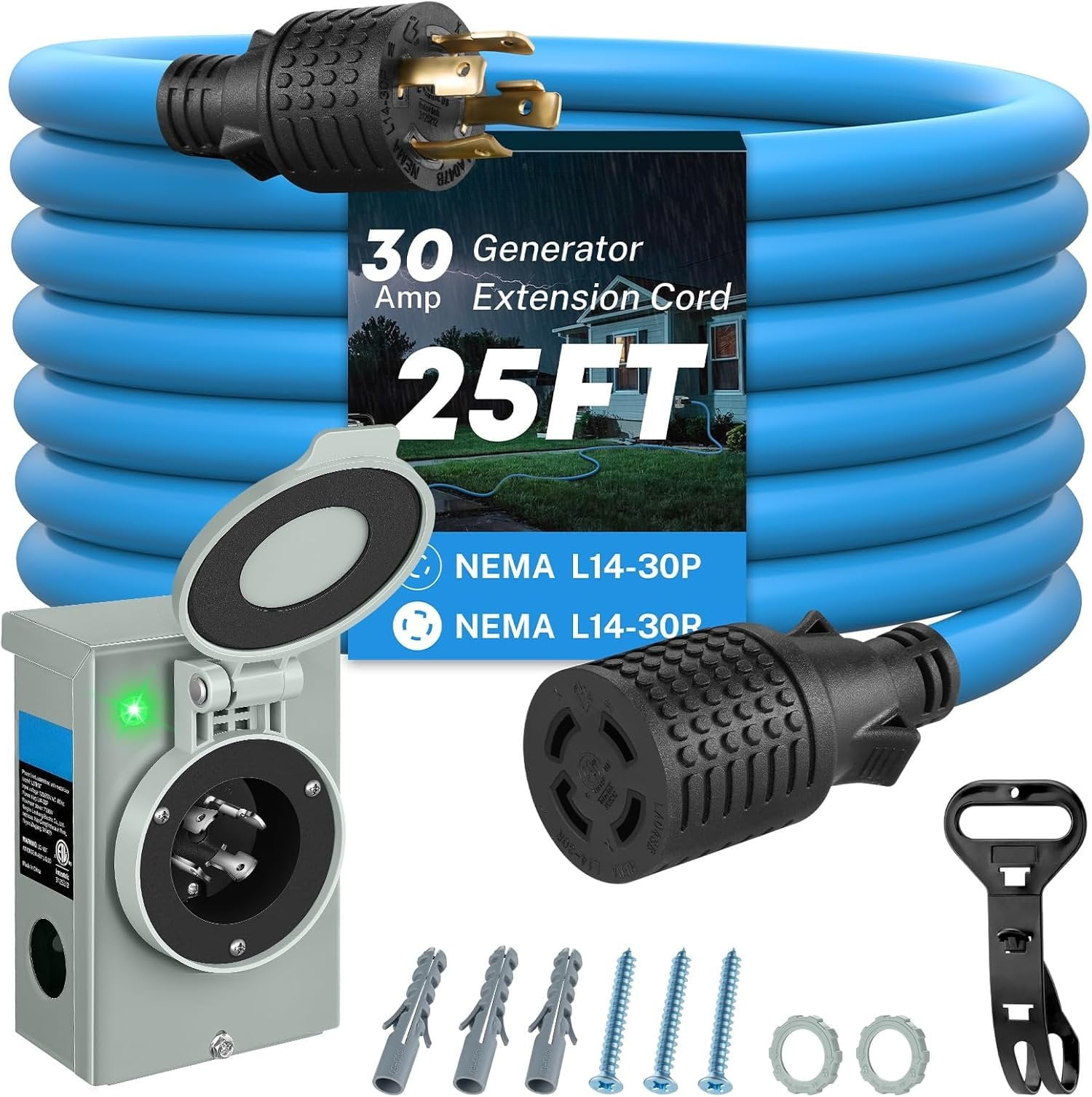 30 Amp Generator Cord and Power Inlet Box Kit, 25FT 4 Prong Generator ...