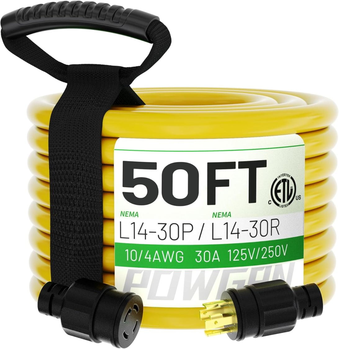 30-Amp Generator Extension Cord (50 Feet) 4-Prong 125/250V 7500W, NEMA L14-30P/L14-30R,10 Gauge ...