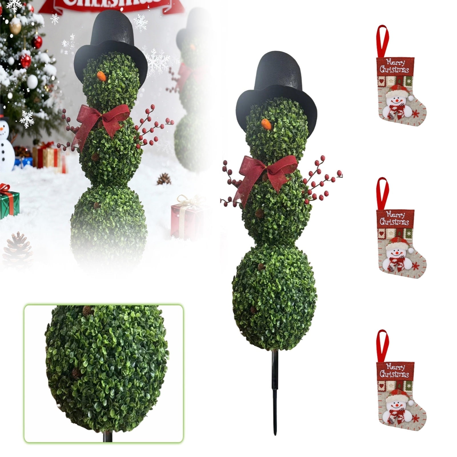 30" Artificial Christmas Snowman Topiary Tree with Red Bow & Black Hat ...