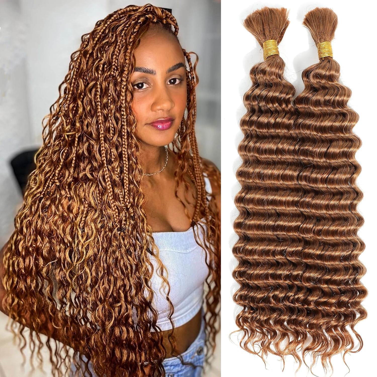 30 Auburn Brown Deep Water Wave Bulk Human Braiding Hair 100g per ...