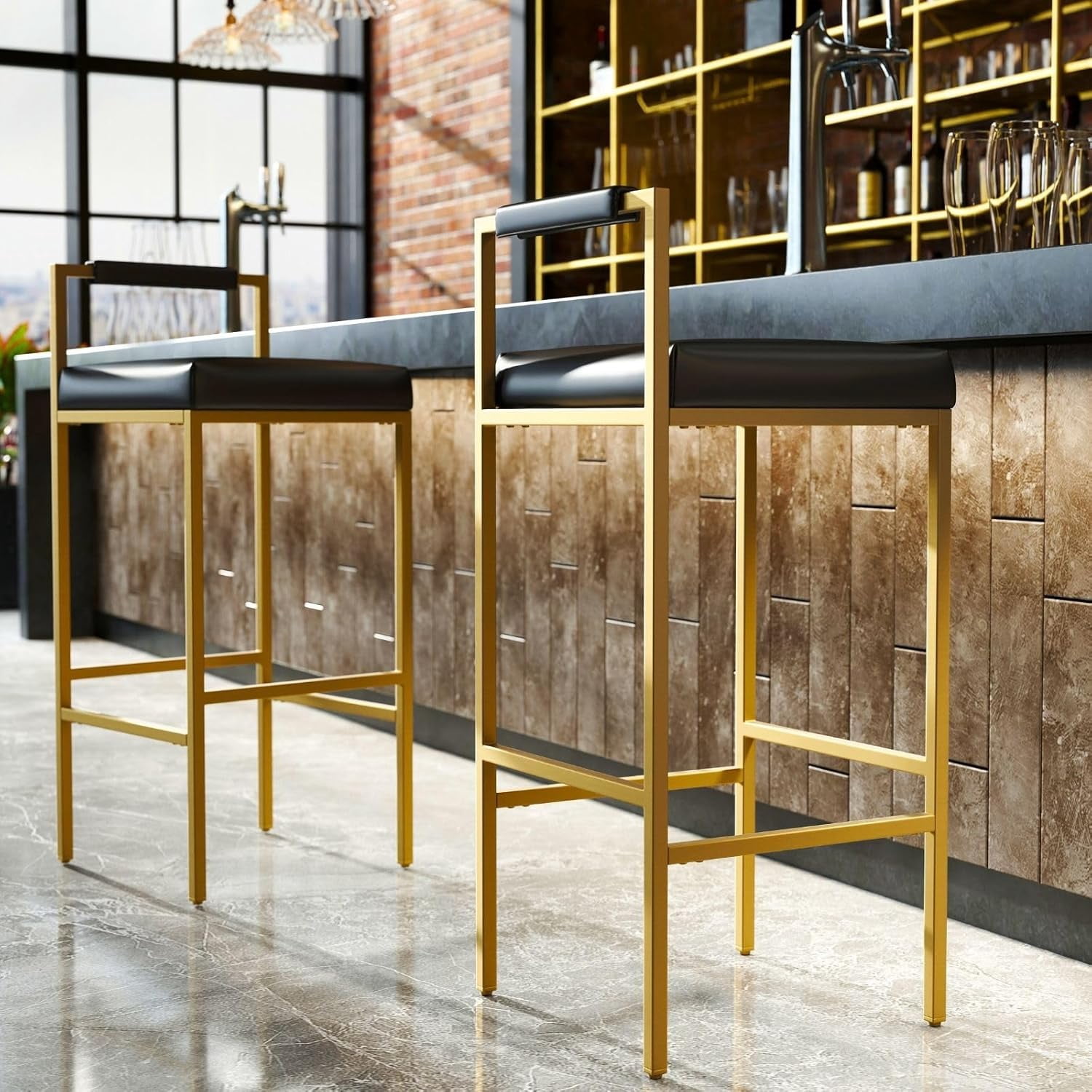 30" Bar Stools, Set of 2 - Black Faux Leather with Gold Chrome Legs ...