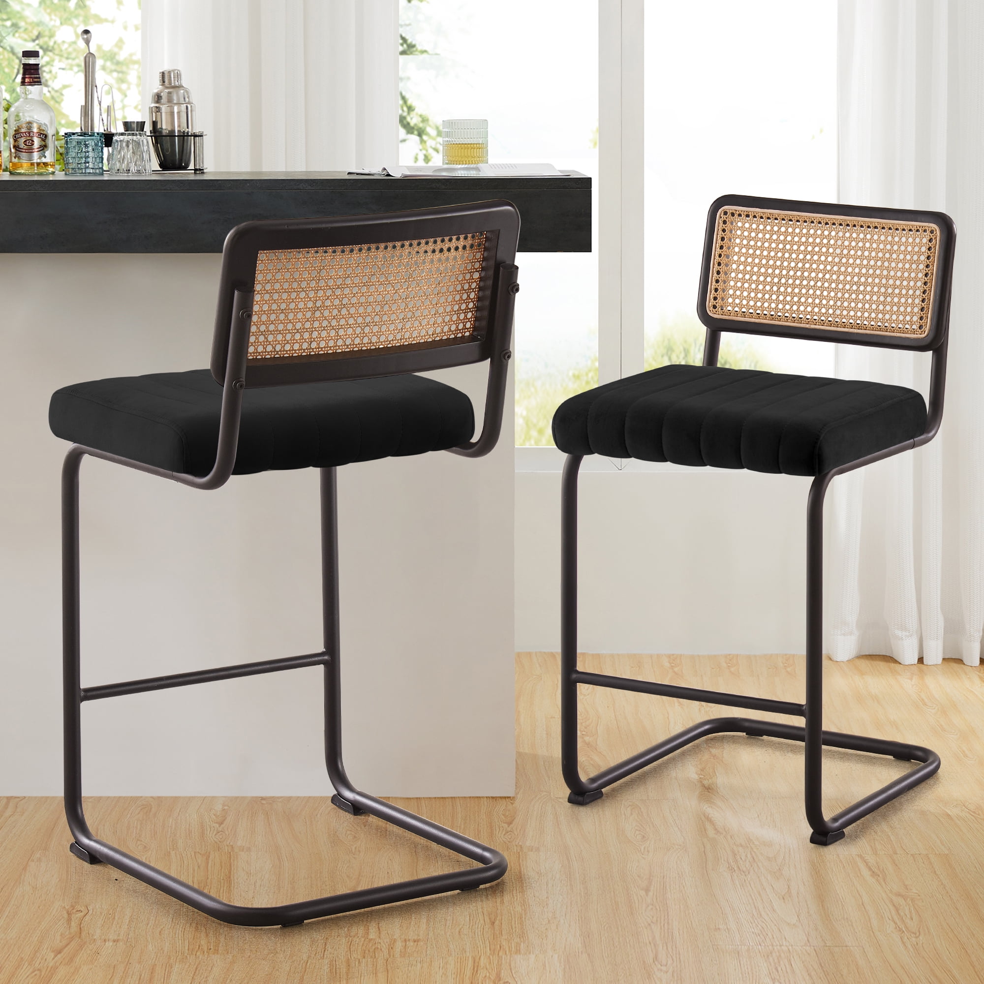 30" Bar Stools, Set of 2, Rattan Bar Height Velvet Armless Bar Stools ...