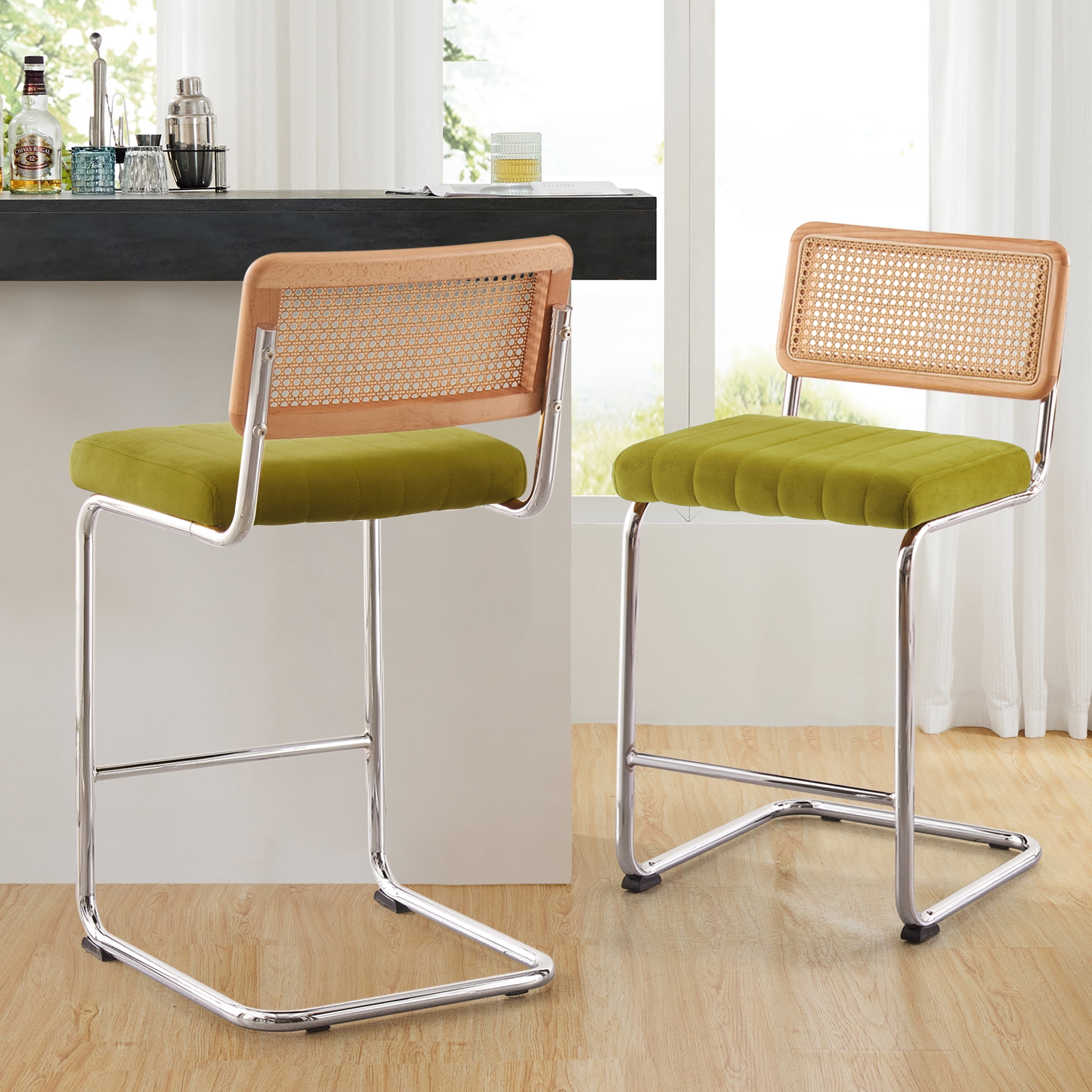 30" Bar Stools, Set of 2, Rattan Bar Height Velvet Armless Bar Stools ...