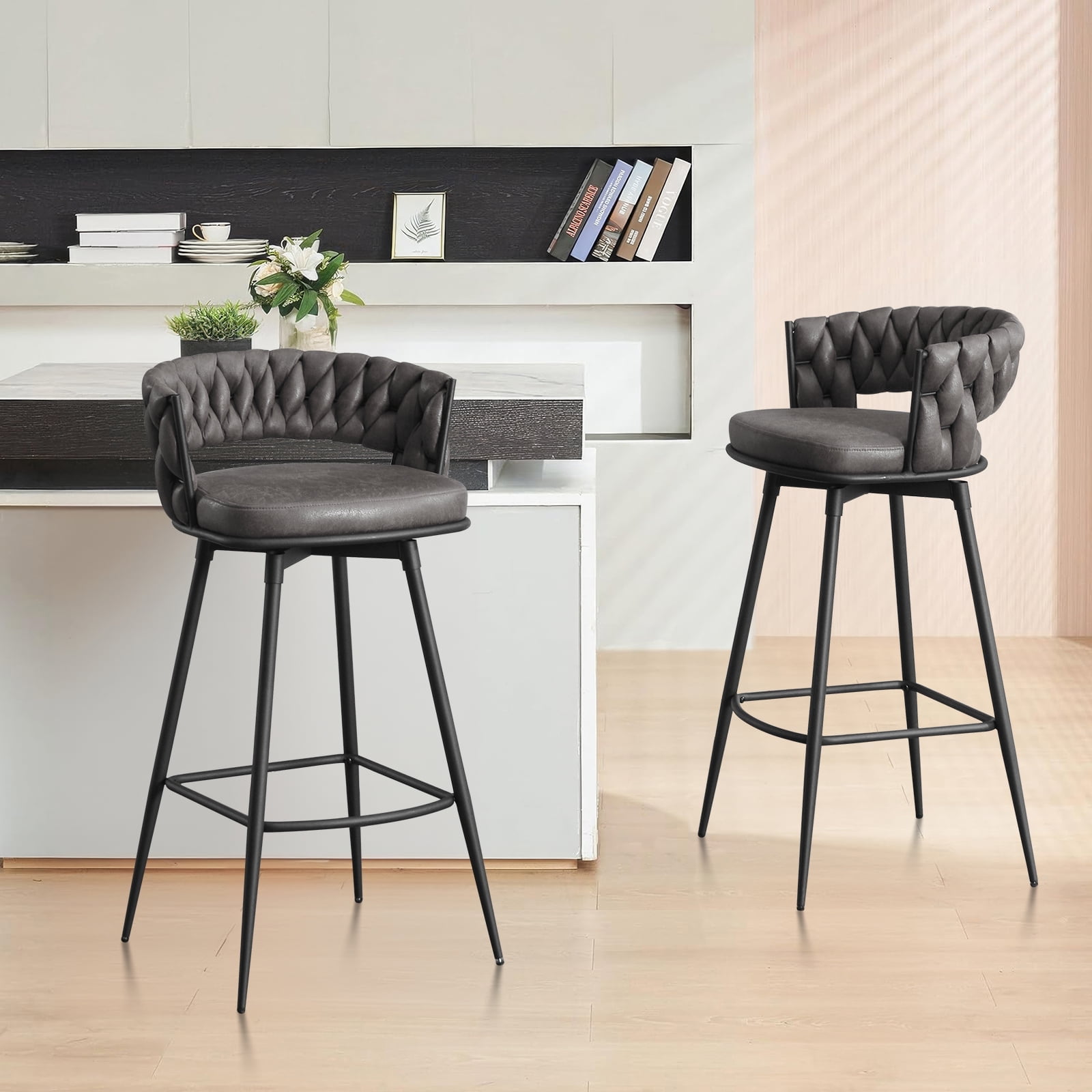 30" Bar Stool Set of 2, Modern Counter Height Barstools with Woven Back ...