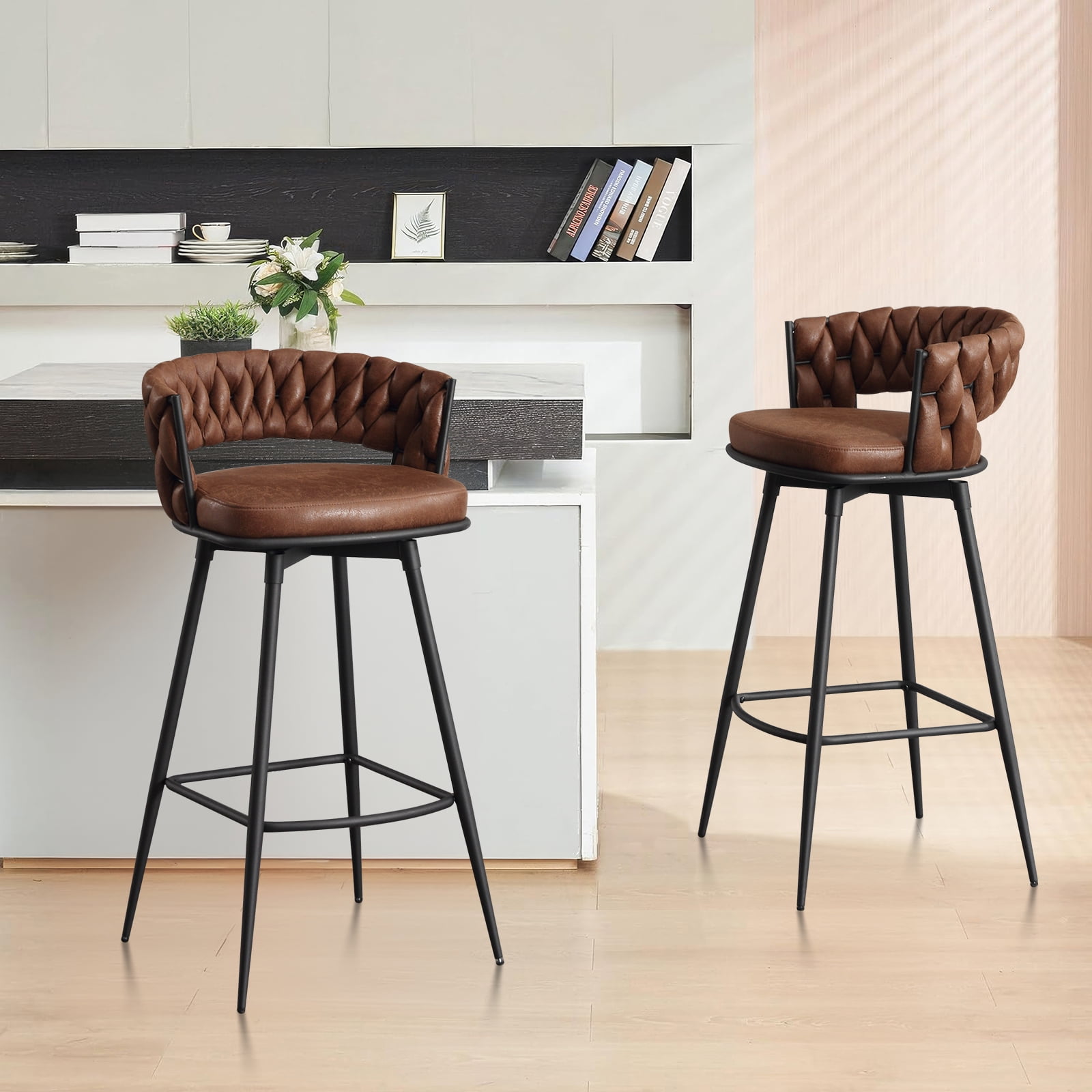 30" Bar Stool Set of 2, Modern Counter Height Barstools with Woven Back ...
