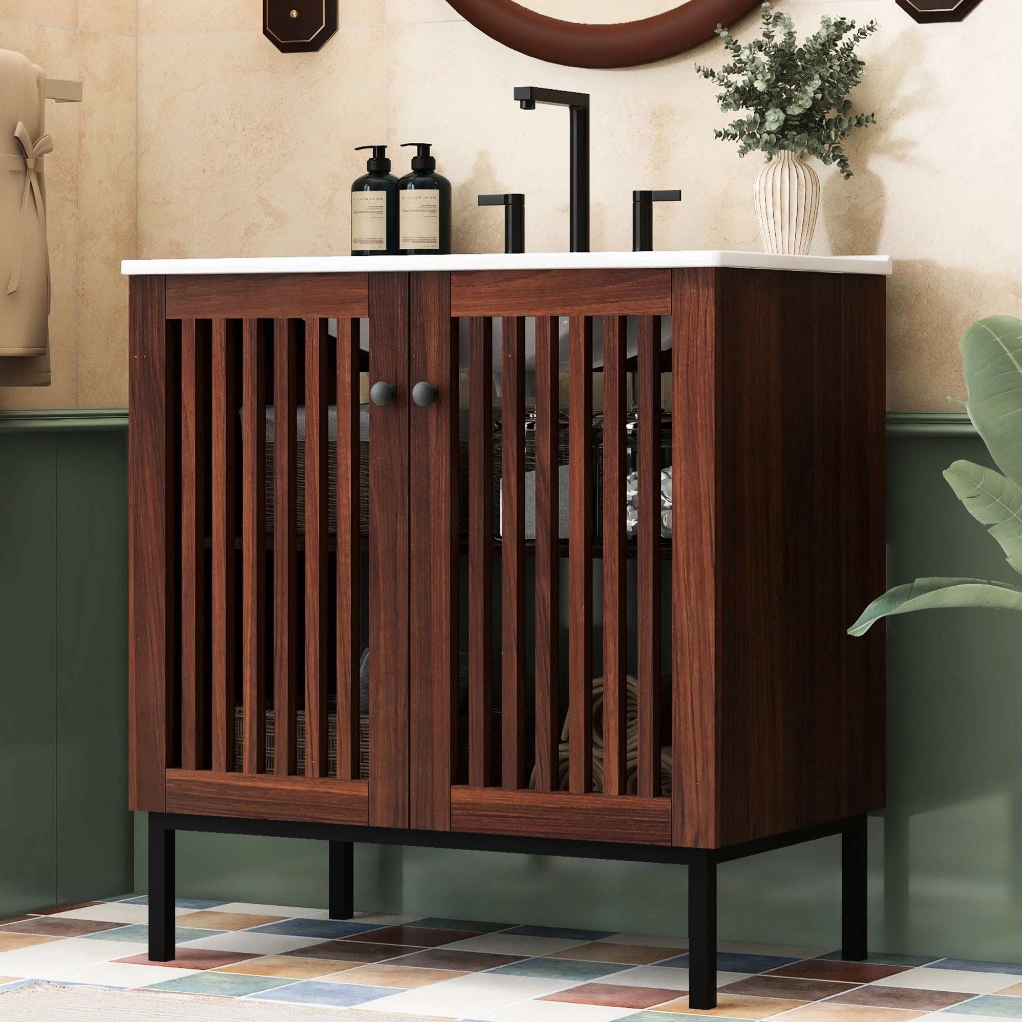 30" Bathroom Cabinet With Ceramic Sink. Contemporary Style, Ample ...