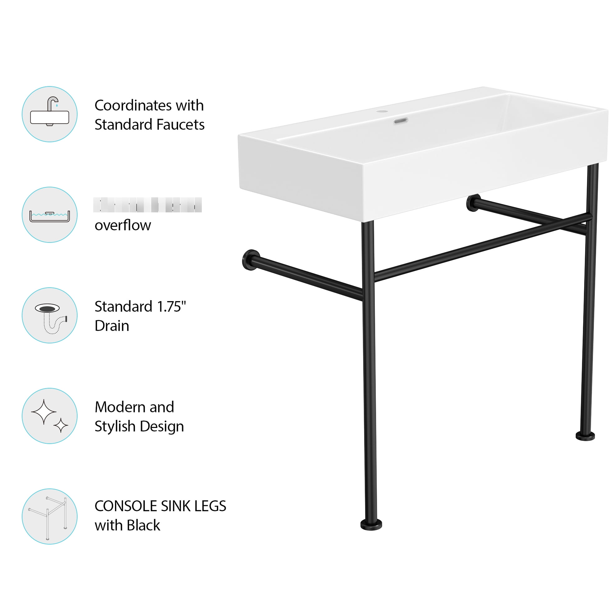 30" Bathroom Sink - White Ceramic Overflow Basin, Black Legs Easy To ...