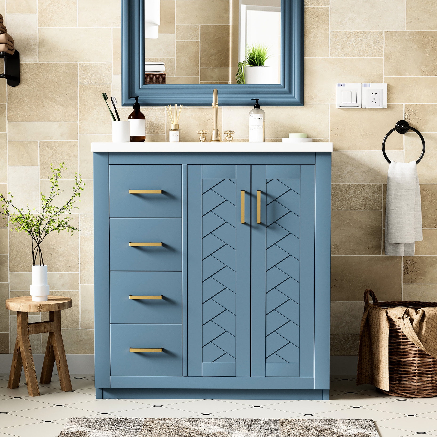 30" Bathroom Storage Solution, Ceramic Sink Vanity, Solid Wood ...