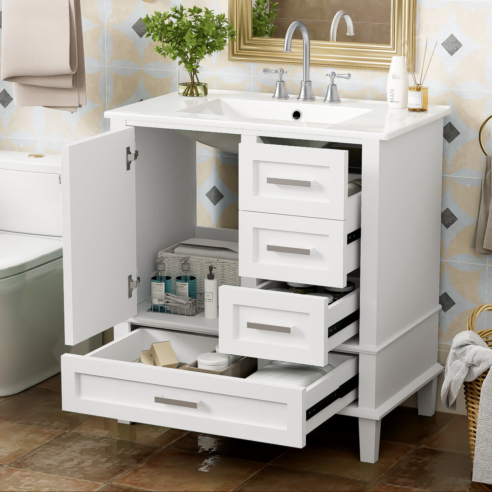 30" Bathroom Vanity Cabinet with 3 Drawers and Soft-Close Function ...
