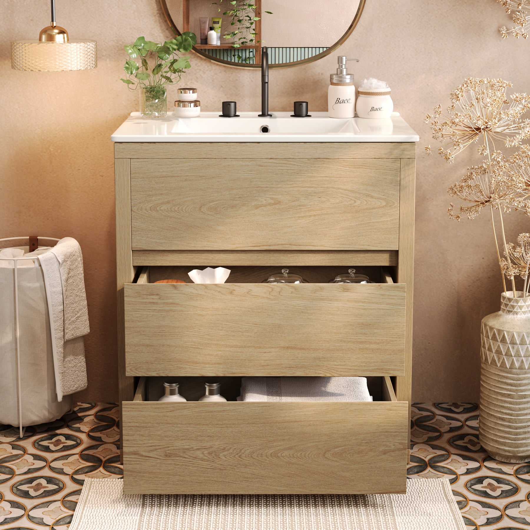 30" Bathroom Vanity with Ceramic Sink and 2 Full-Extension Drawers ...