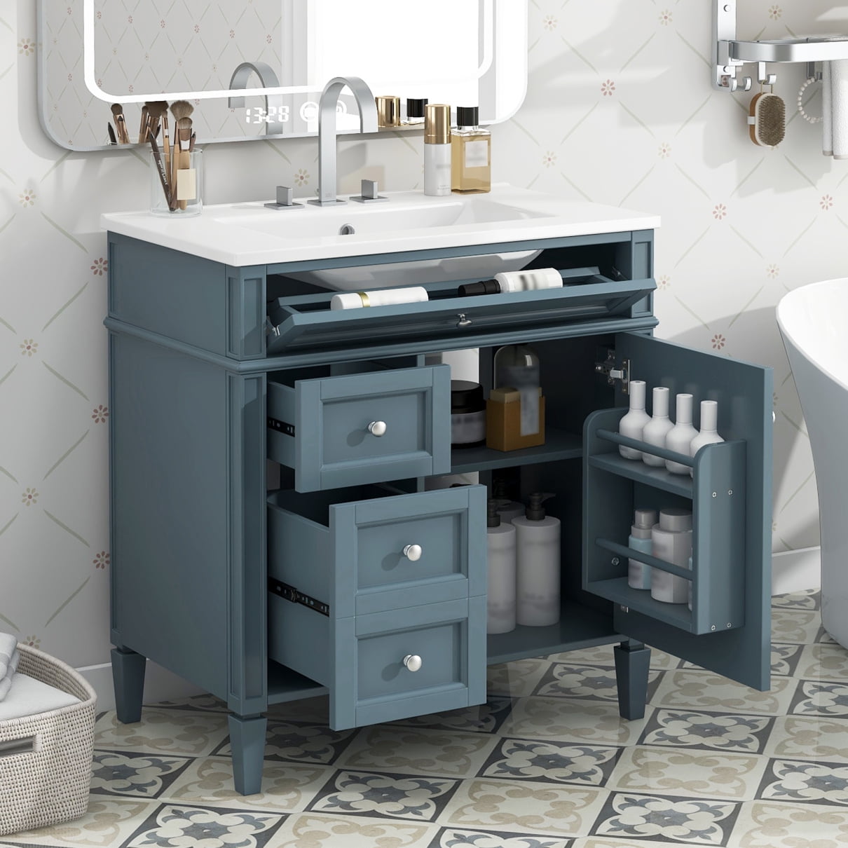 30" Bathroom Vanity with Ceramic Sink Combo, Modern Solid Wood Bathroom ...